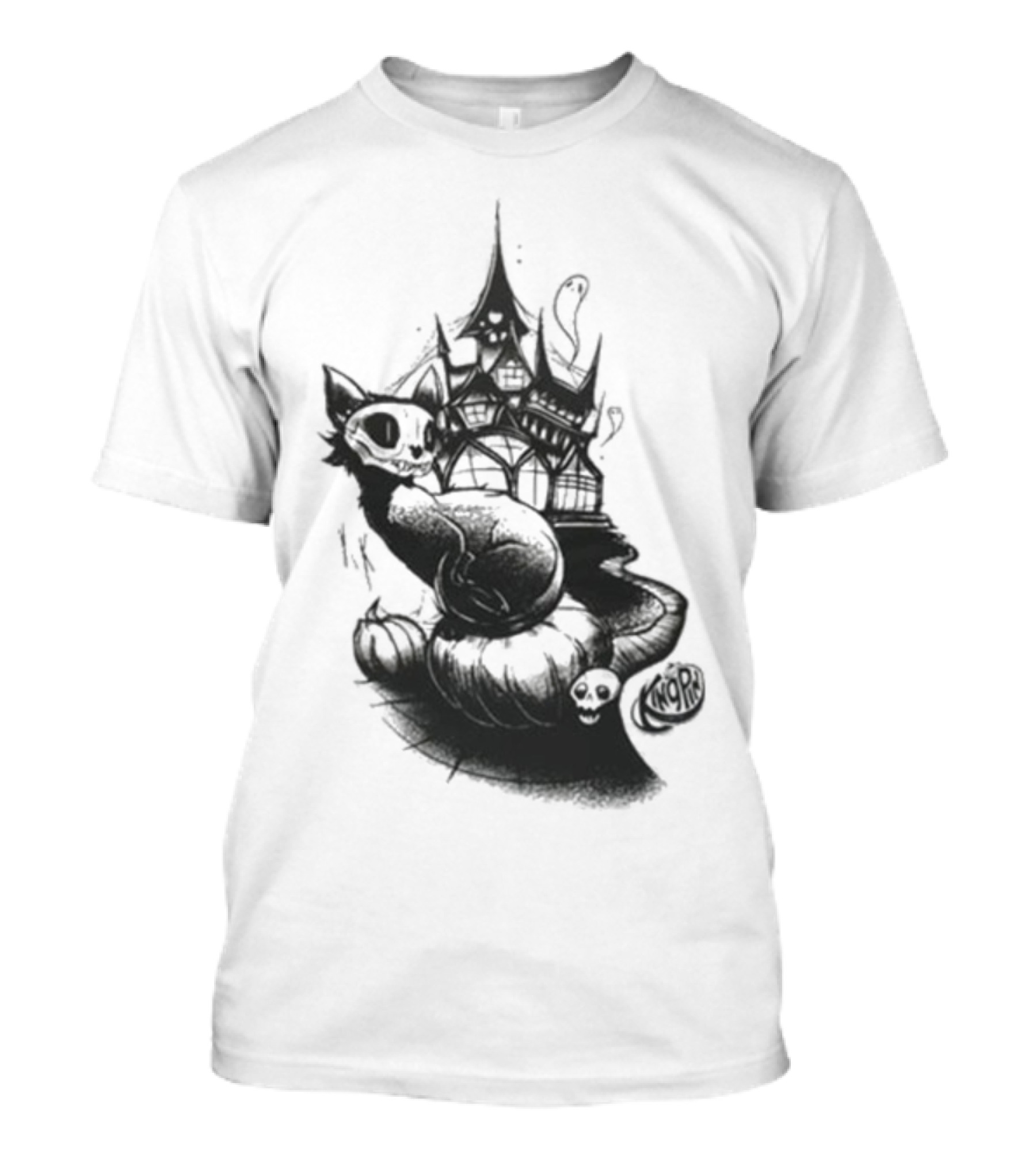 Kingpin Skelecat Haunt By Kellan Horner Ghostly Cat With Crown And Smoke T-Shirt