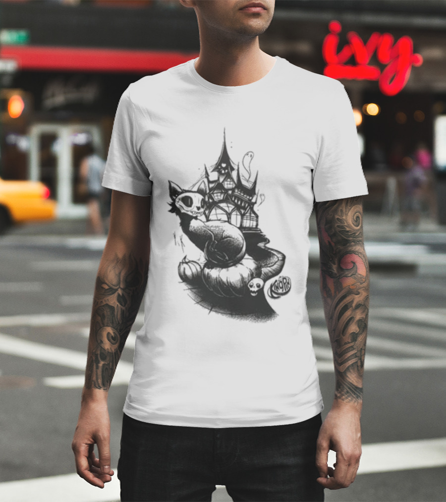 Kingpin Skelecat Haunt By Kellan Horner Ghostly Cat With Crown And Smoke T-Shirt