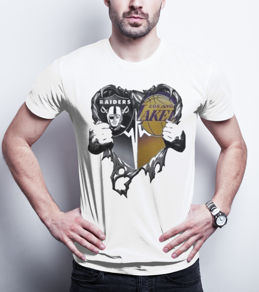 Las Vegas Raiders Los Angeles Lakers Heart Design T-Shirt