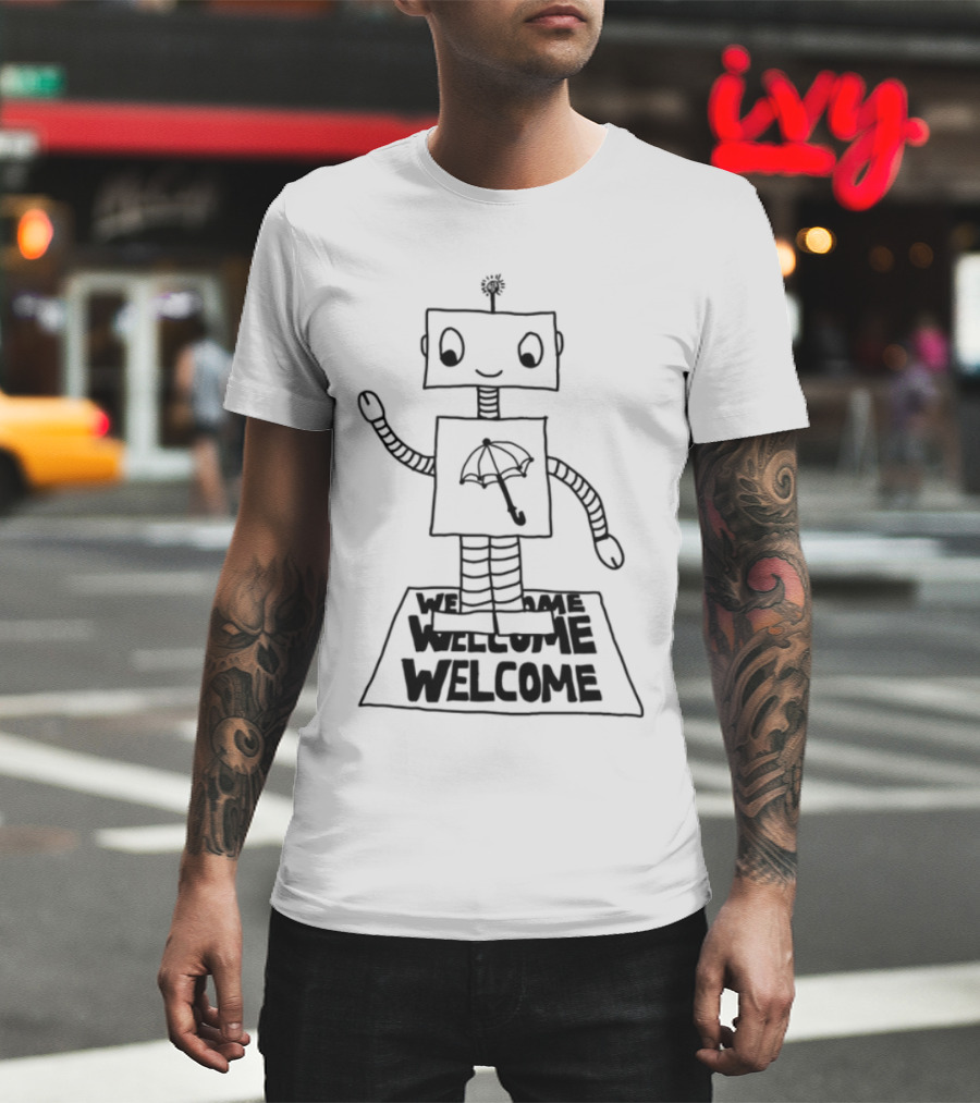 Robot Welcome Friendly Waving With Umbrella T-Shirt