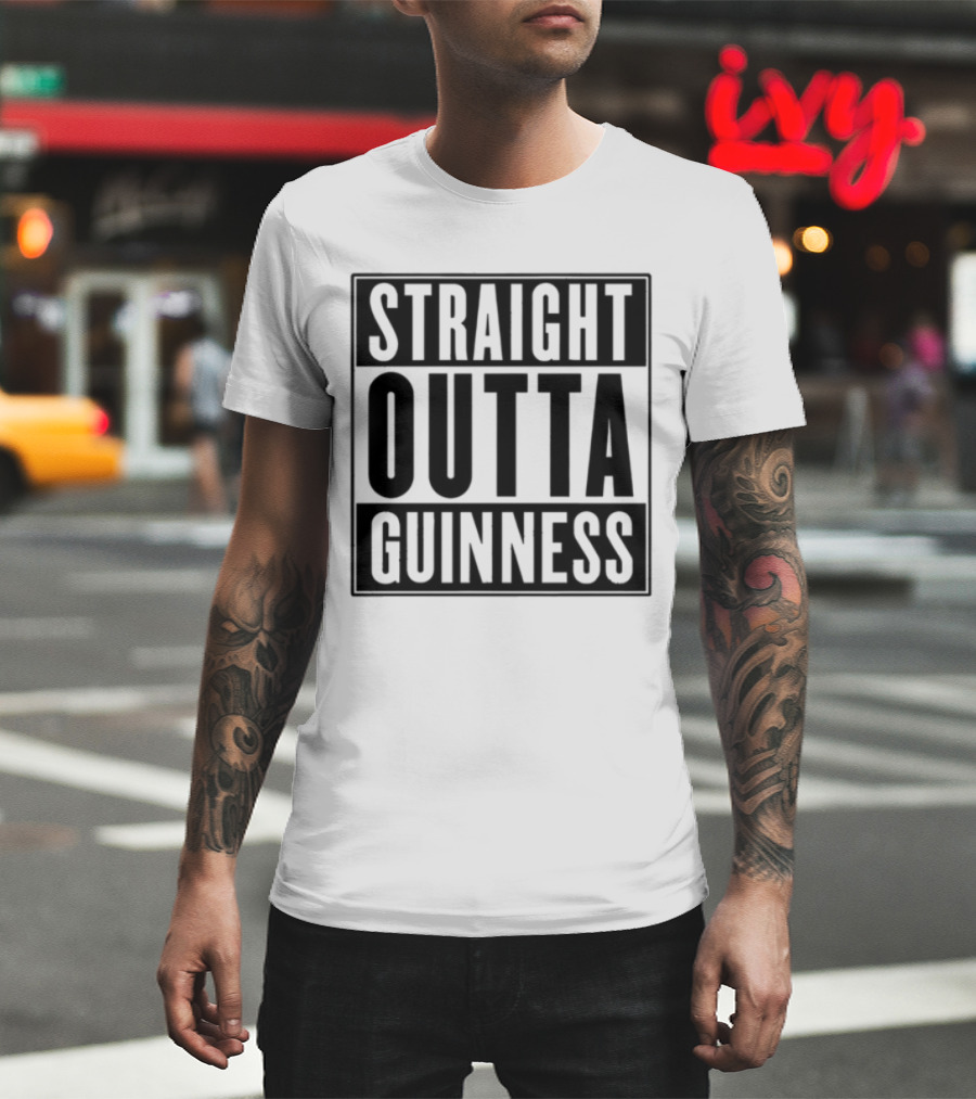 Straight Outta Guinness Black Text Block Comedic Phrase T-Shirt
