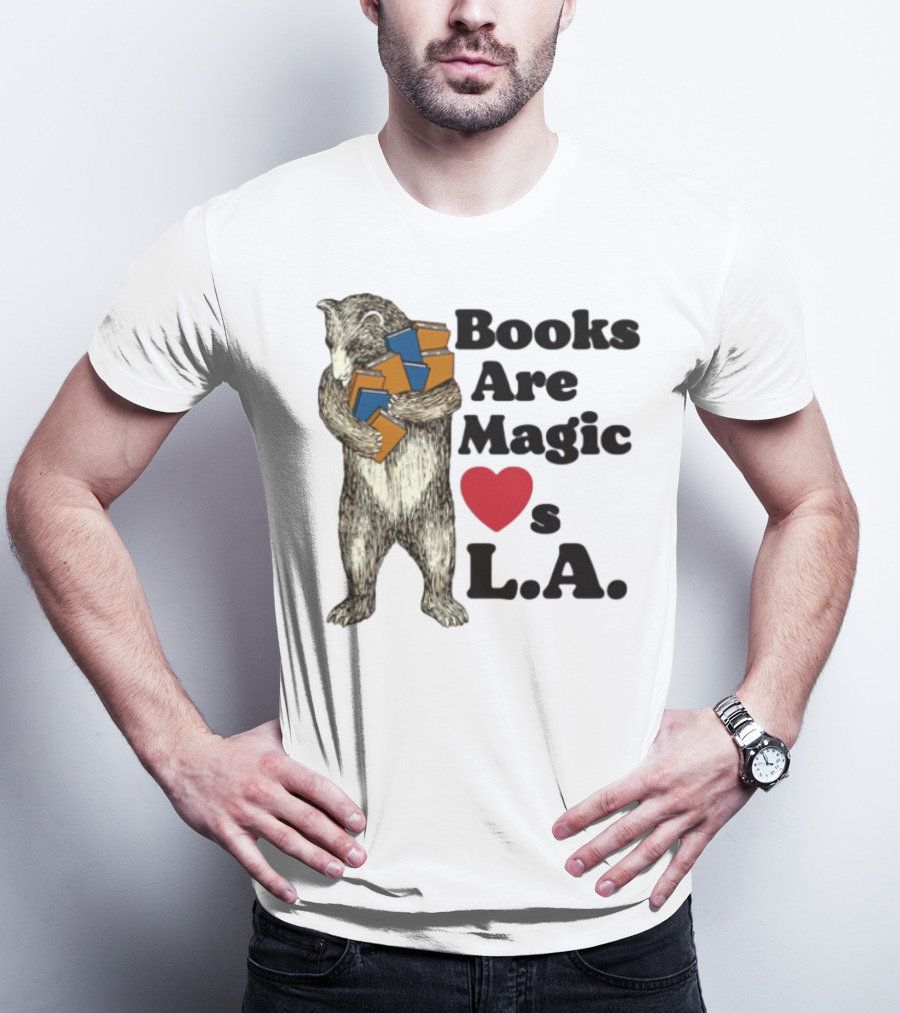 Books Are Magic Loves L.A. Bear With Books Illustration T-Shirt