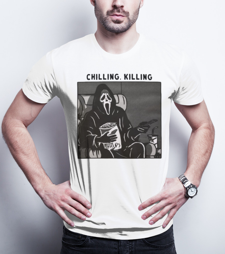 Ghost Face Chips Chilling Killing Movie Night Vibes T-Shirt