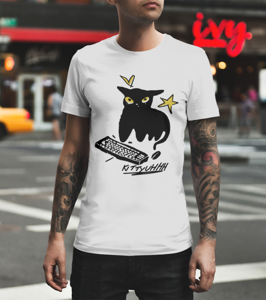 Kittyuhhh Cat At Keyboard With Yellow Eyes And Stars T-Shirt