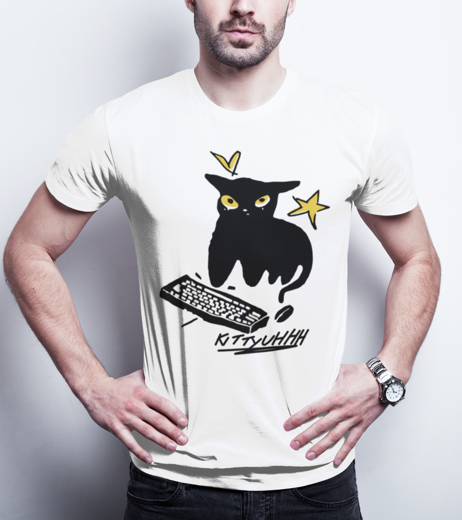 Kittyuhhh Cat At Keyboard With Yellow Eyes And Stars T-Shirt