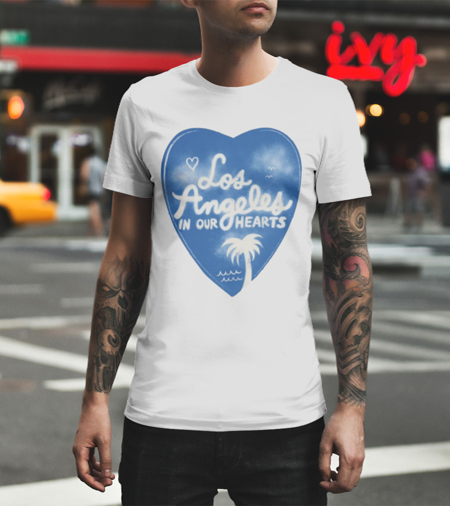 Los Angeles In Our Hearts Blue Heart With Palm Tree And Waves T-Shirt