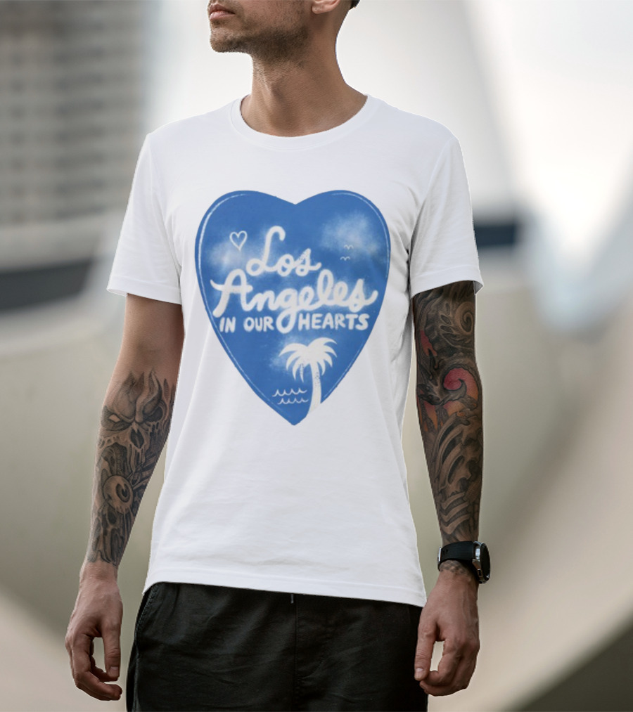 Los Angeles In Our Hearts Blue Heart With Palm Tree And Waves T-Shirt