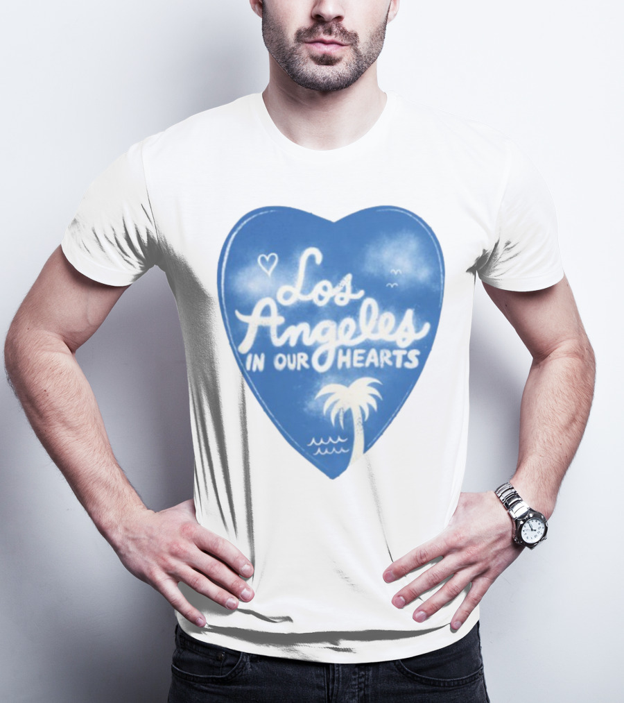 Los Angeles In Our Hearts Blue Heart With Palm Tree And Waves T-Shirt