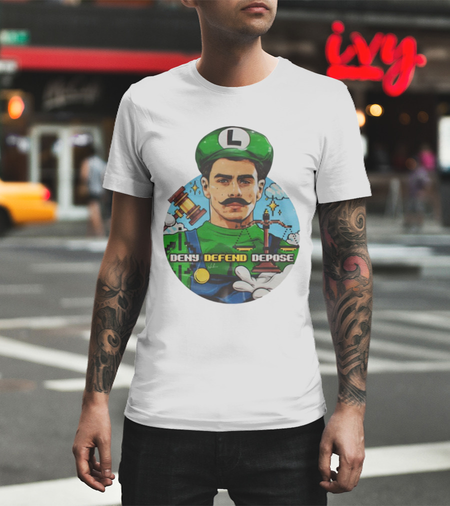 Luigi Mangione Deny Defend Depose Mario Bros Inspired Courtroom Adventure T-Shirt