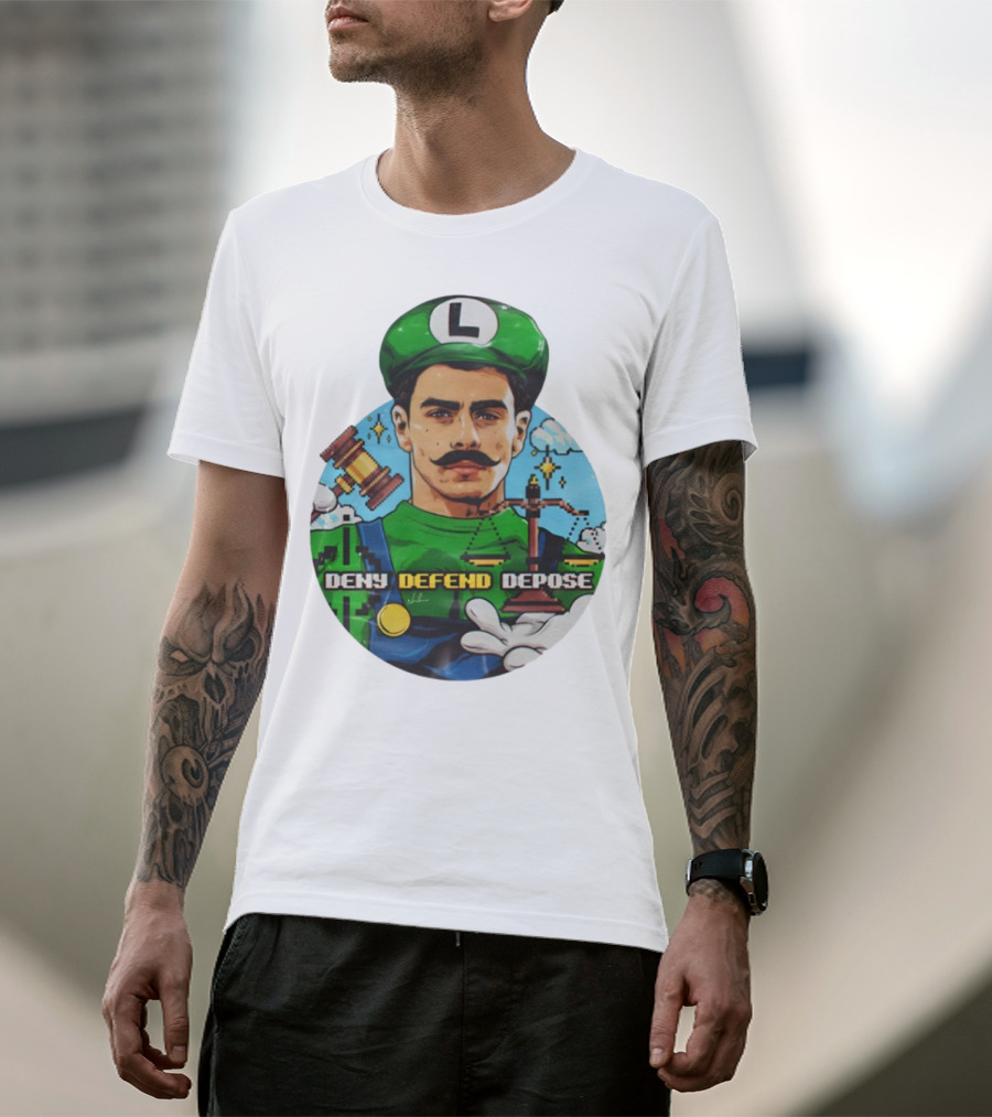 Luigi Mangione Deny Defend Depose Mario Bros Inspired Courtroom Adventure T-Shirt