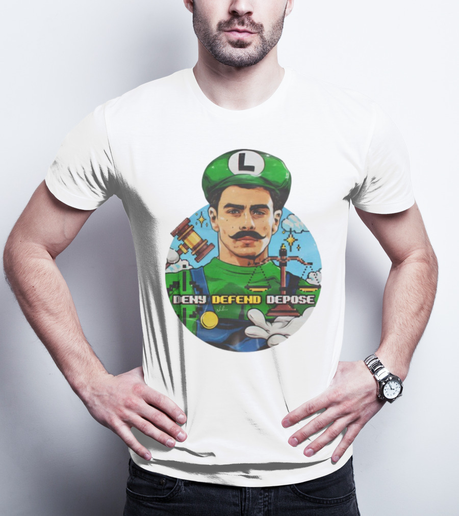Luigi Mangione Deny Defend Depose Mario Bros Inspired Courtroom Adventure T-Shirt