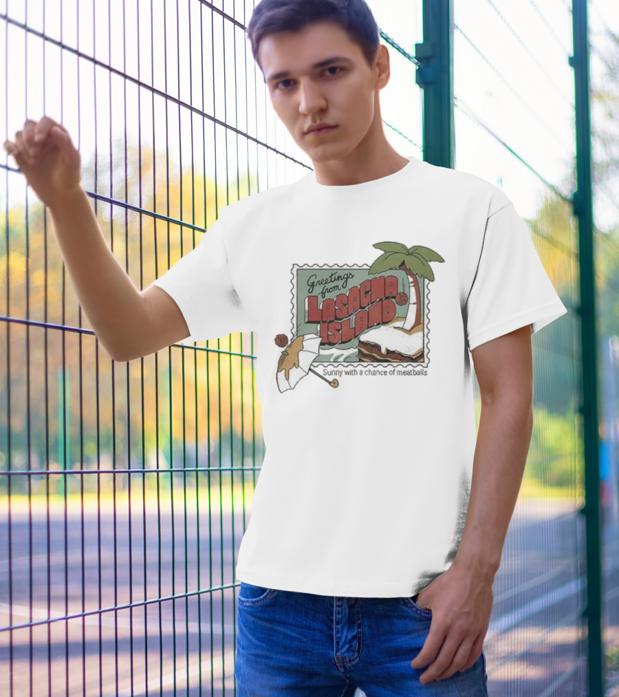 Greetings From Lasagna Island Sunny With A Chance Of Meatballs Palm Tree Umbrella Scene T-Shirt