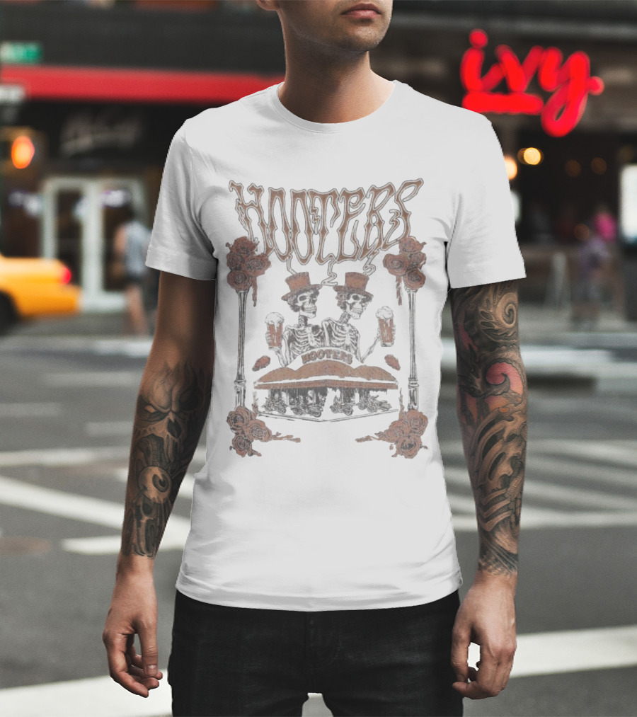 Hooters Skeletons With Top Hats And Beers Roses T-Shirt