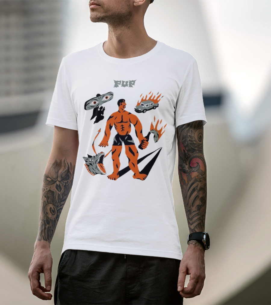 Pup Muscle Man Flaming Car And Wolf T-Shirt