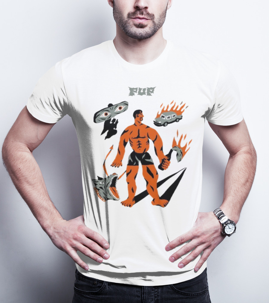 Pup Muscle Man Flaming Car And Wolf T-Shirt