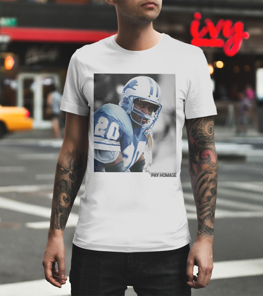 Barry Sanders Detroit Lions Number 20 Pay Homage NFL Player Memorabilia T-Shirt