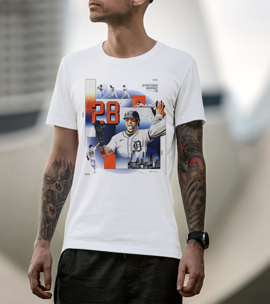 Javier Báez Detroit Tigers Number 28 Baseball Action High Five Urban Skyline T-Shirt