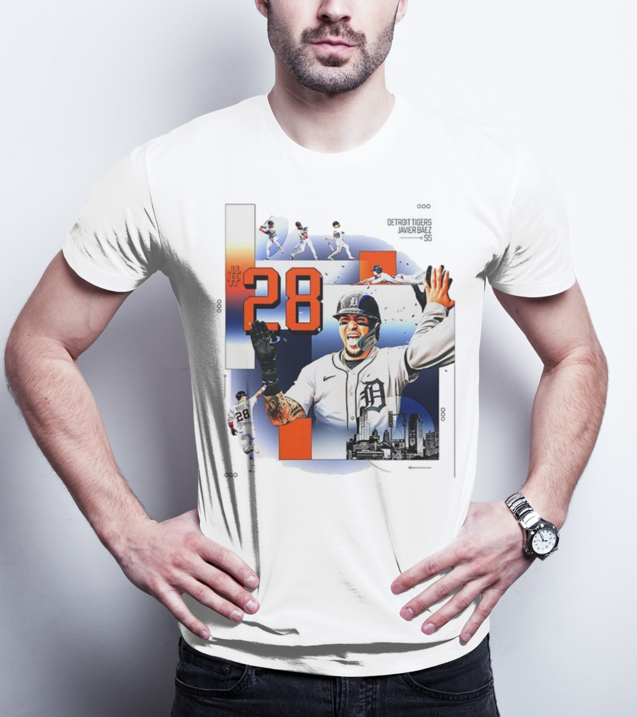 Javier Báez Detroit Tigers Number 28 Baseball Action High Five Urban Skyline T-Shirt