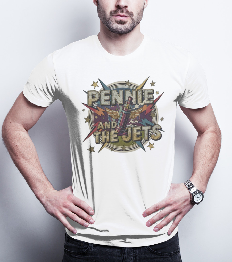 Pennie And The Jets Retro Style Music Rocket Winged Stars T-Shirt
