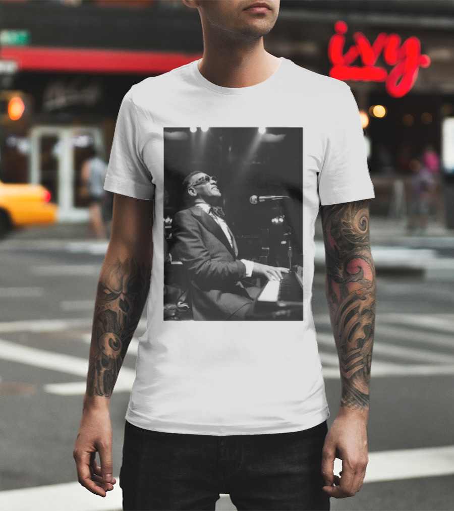 Ray Charles Live On Stage At The Piano In Black And White T-Shirt
