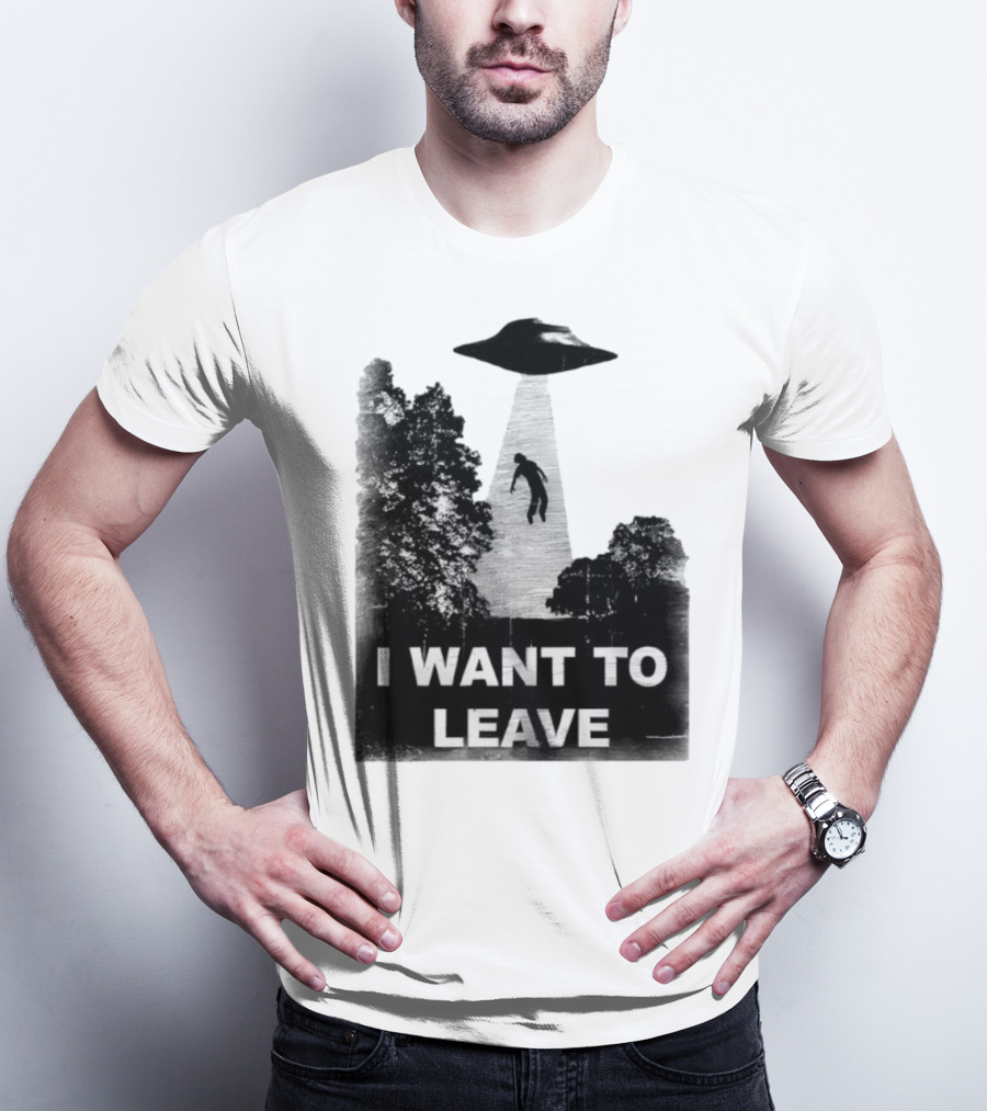 I Want To Leave UFO Abduction Scene Black And White Design T-Shirt