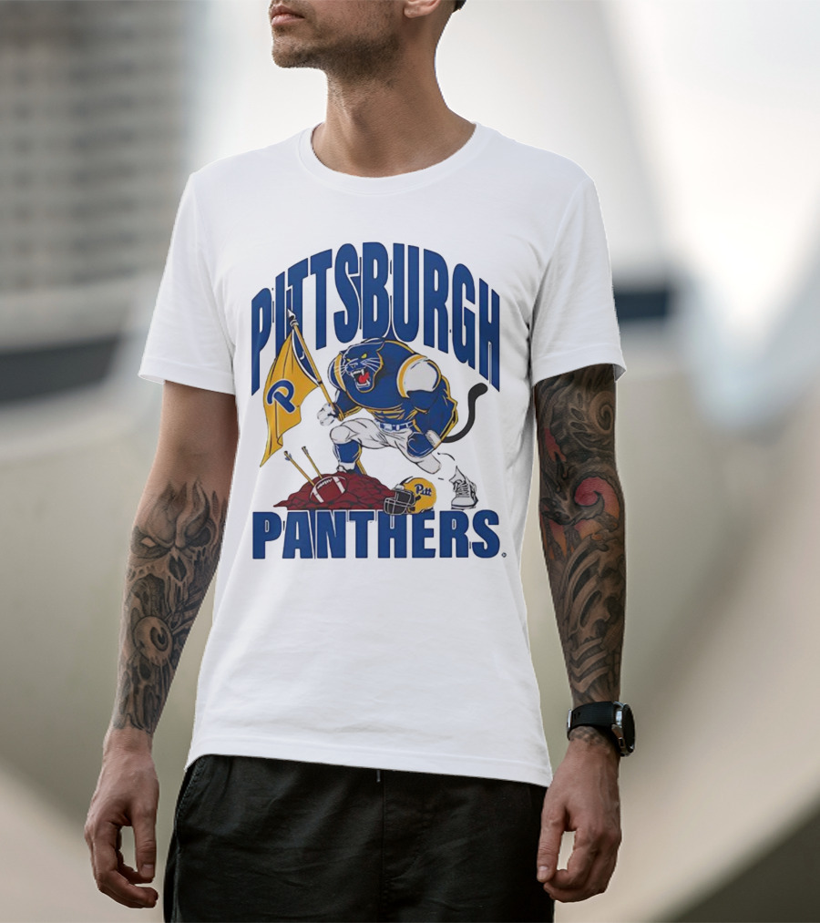 Pittsburgh Panthers Pitt Mascot Planting Flag Football Helmet T-Shirt