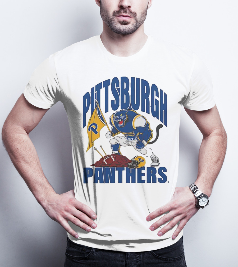 Pittsburgh Panthers Pitt Mascot Planting Flag Football Helmet T-Shirt