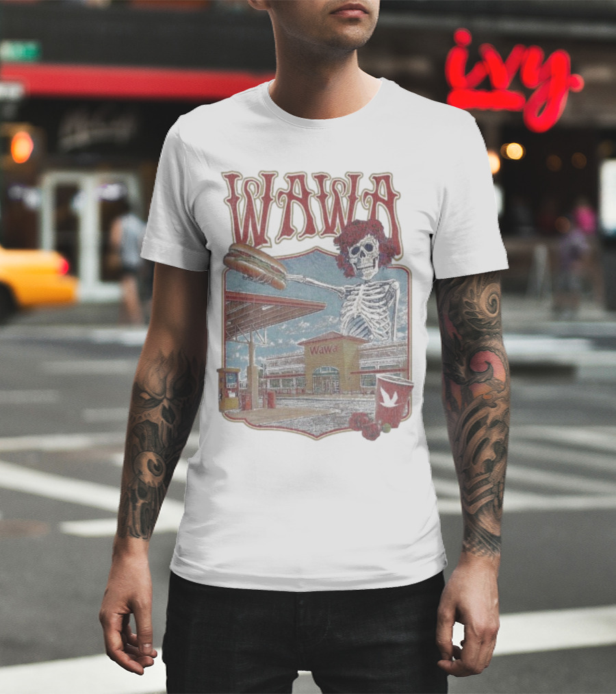 Wawa Grateful Dead Skeleton Holding Hoagie At Gas Station Scene T-Shirt