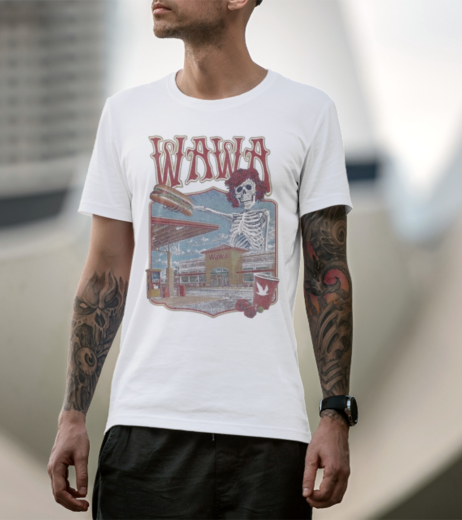 Wawa Grateful Dead Skeleton Holding Hoagie At Gas Station Scene T-Shirt