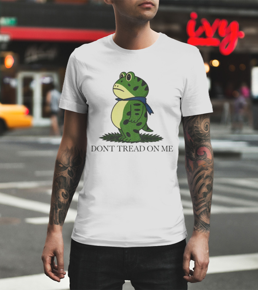 Portland Frog Don't Tread On Me Funny Protest Comic Style Green Frog With Blue Scarf T-Shirt