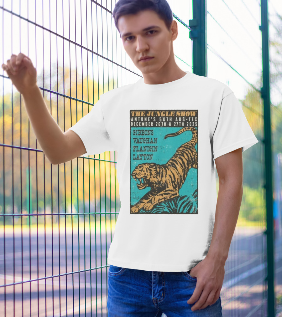 The Jungle Show Antone’s 50th Aus-Tex December 26-27 2025 Gibbons Vaughan Flanigin Layton Tiger T-Shirt