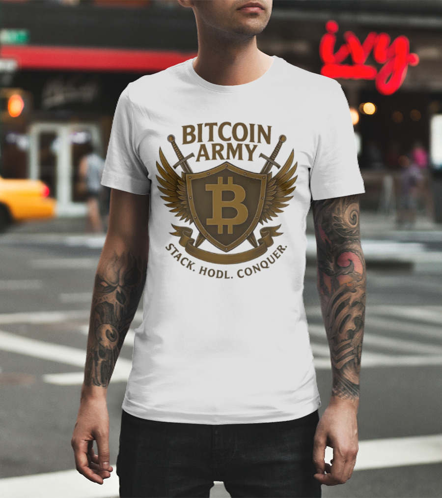 Bitcoin Army Shield Stack Hodl Conquer Crypto Warriors T-Shirt