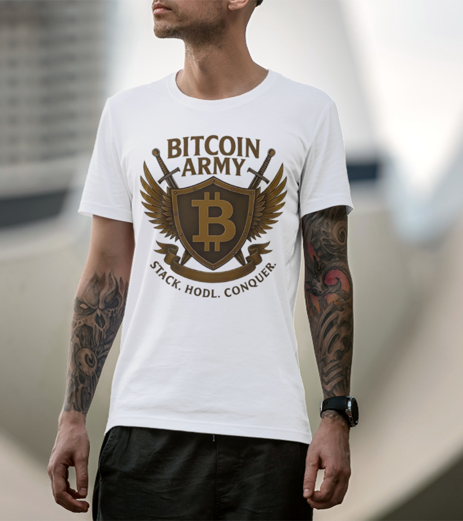 Bitcoin Army Shield Stack Hodl Conquer Crypto Warriors T-Shirt