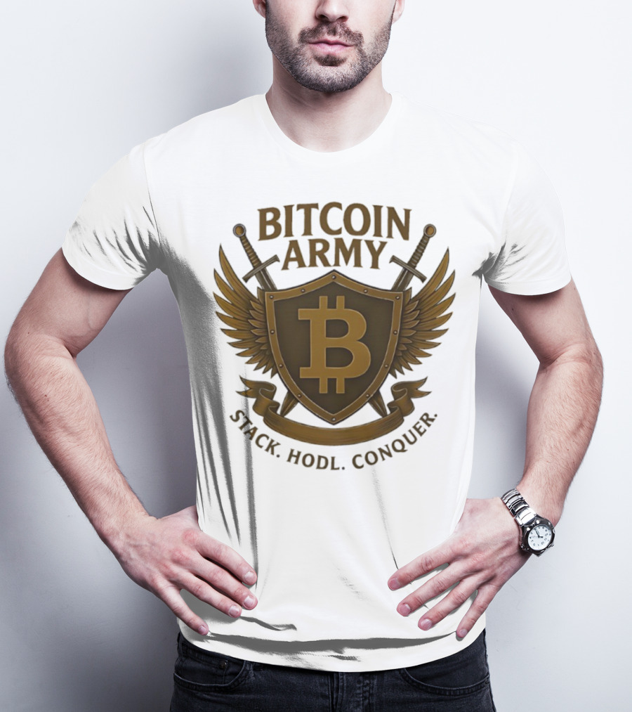 Bitcoin Army Shield Stack Hodl Conquer Crypto Warriors T-Shirt