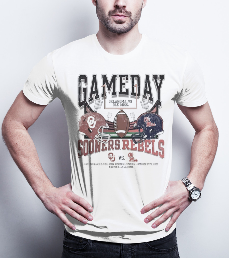 Gameday Oklahoma Sooners Vs Ole Miss Rebels Gaylord Family Oklahoma Memorial Stadium Football Helmets T-Shirt