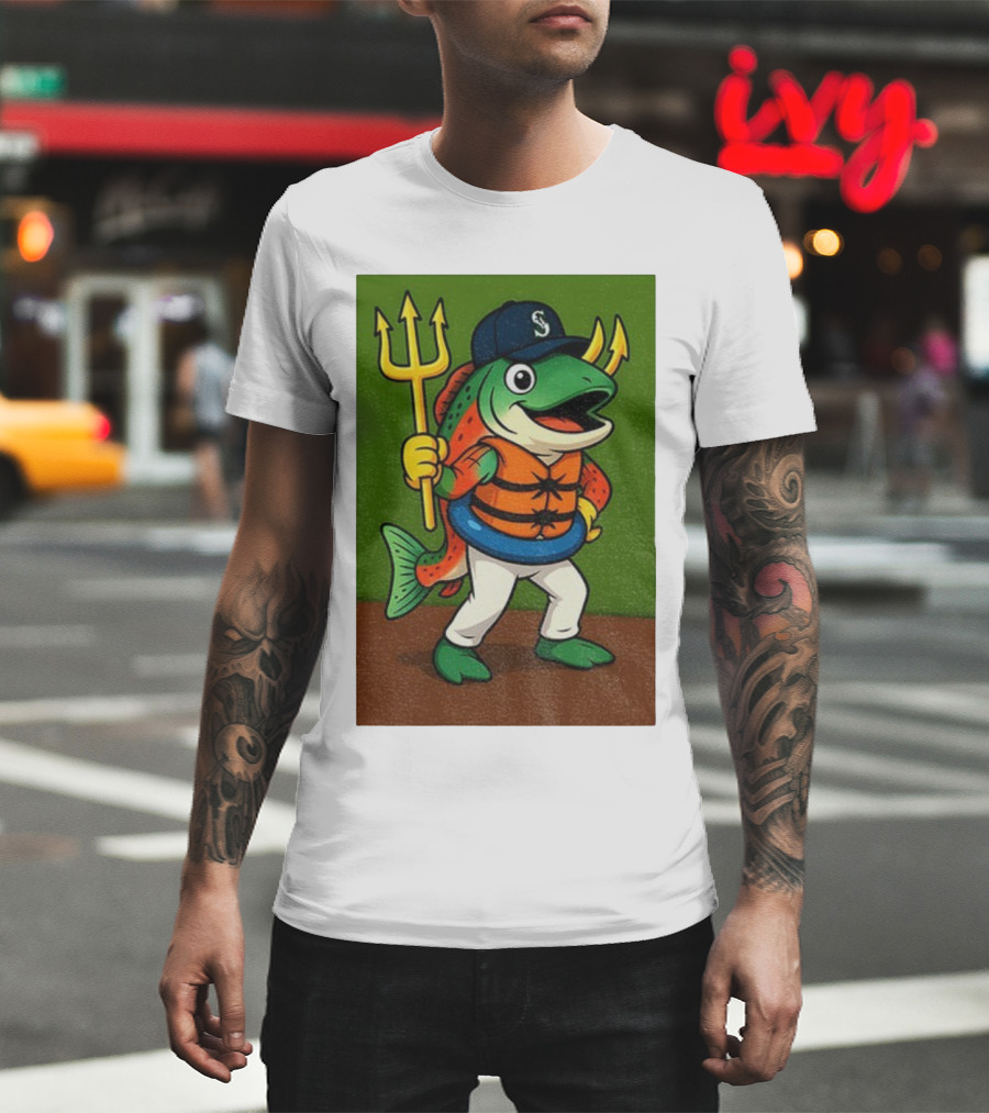 Seattle Mariners 2025 Humpy Salmon Mascot With Trident T-Shirt