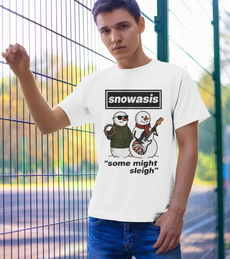 Snowasis Some Might Sleigh Christmas Snowmen With Guitars And Tambourine T-Shirt