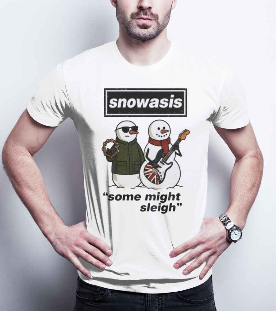 Snowasis Some Might Sleigh Christmas Snowmen With Guitars And Tambourine T-Shirt