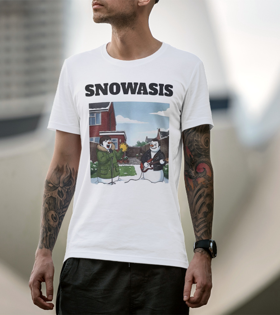 Snowasis Snowman Winter Oasis Vintage Guitar Tambourine Scene T-Shirt