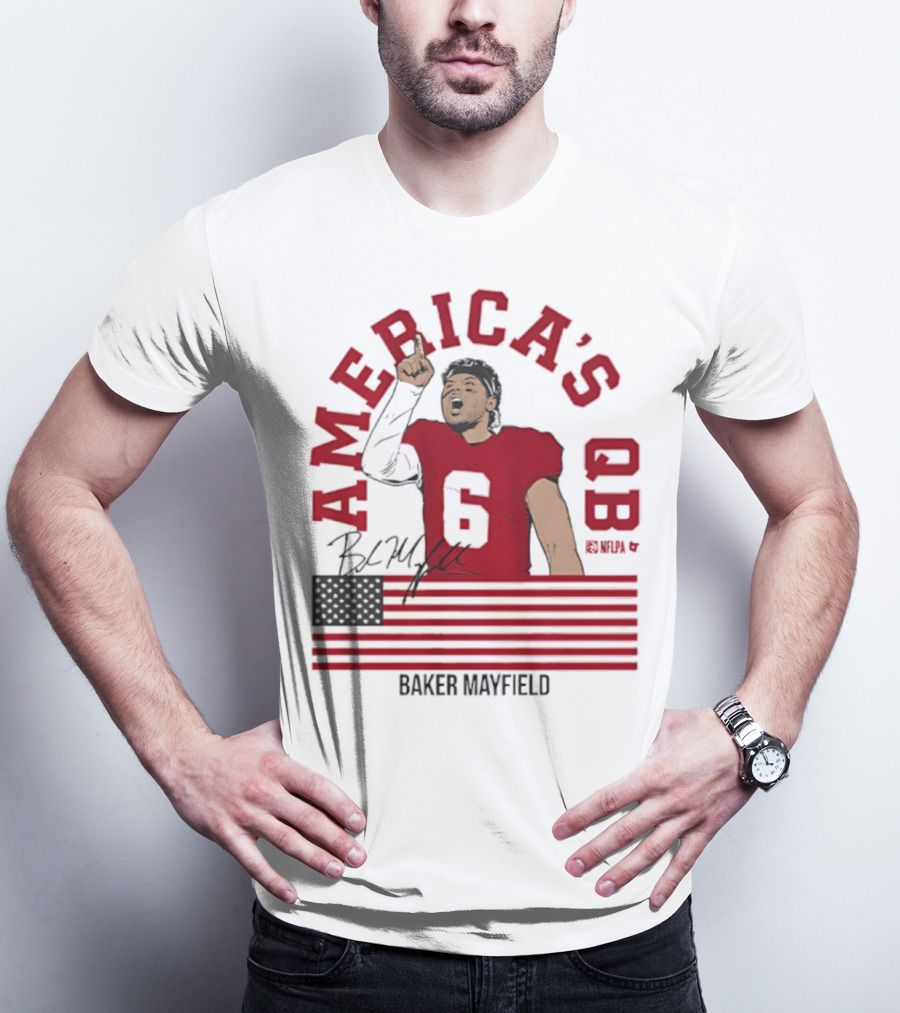Baker Mayfield America's QB Number 6 USA Flag Signature T-Shirt
