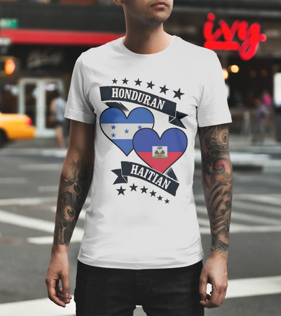 Honduran Haitian Heart Flags Stars Banner T-Shirt