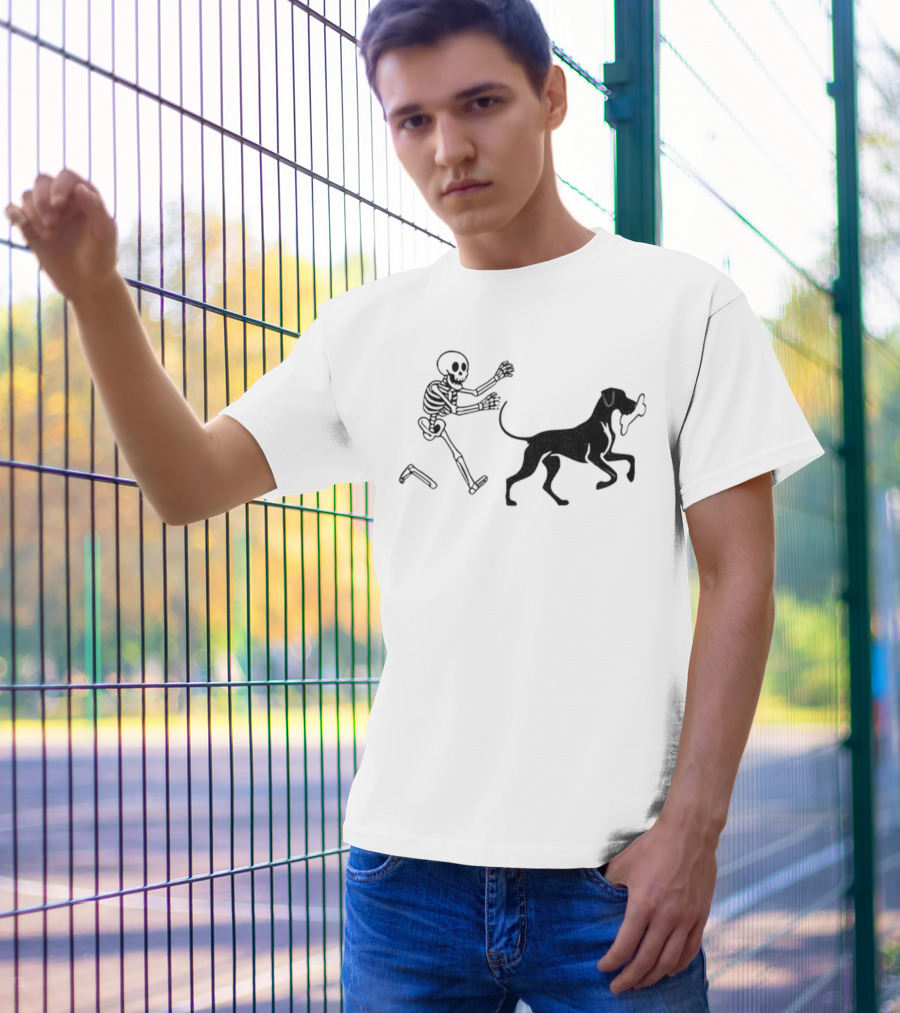 Skeleton Chasing Dog With Bone Funny Meme Halloween T-Shirt