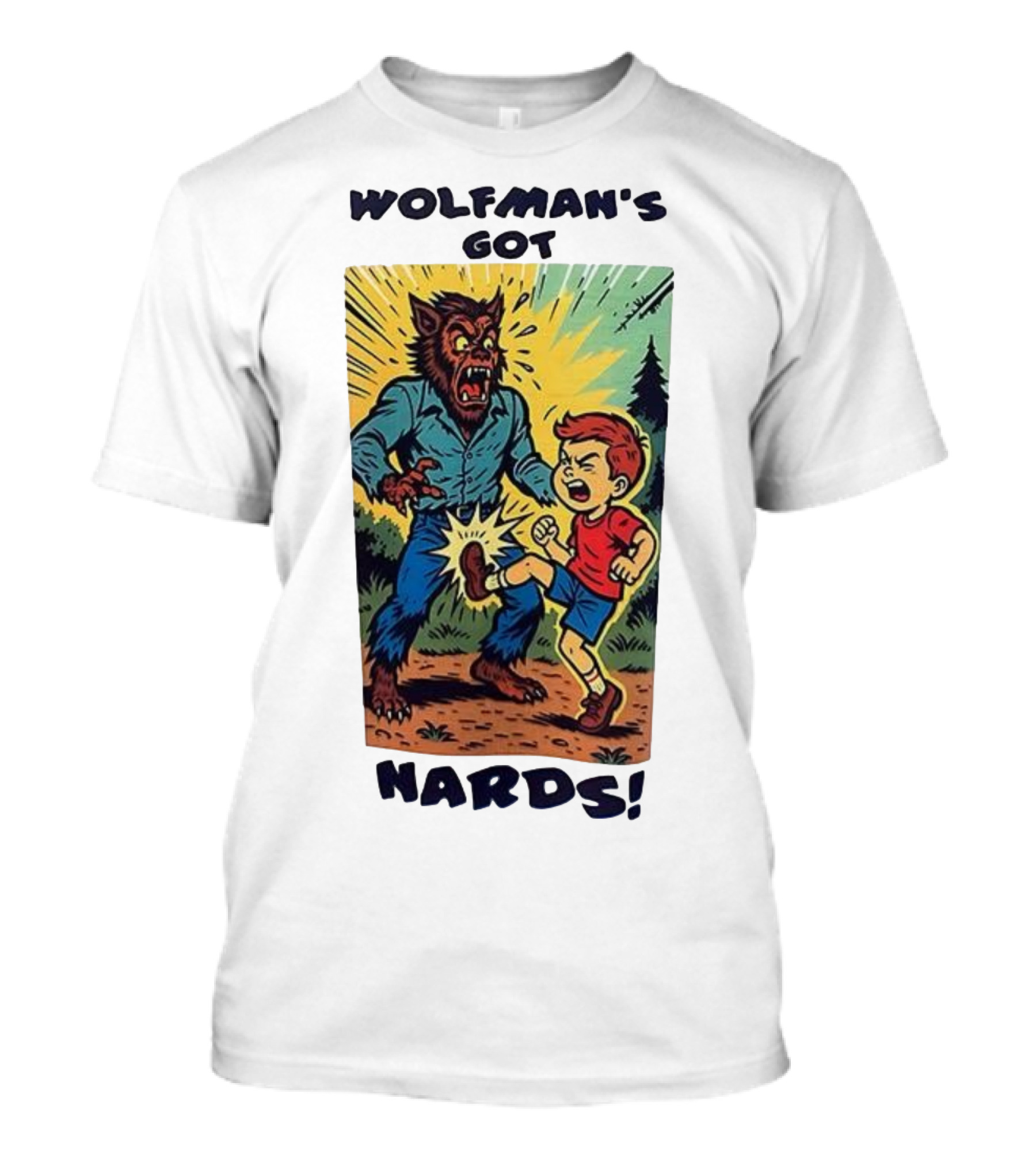 Wolfman’s Got Nards Vintage Comic Style Kid Kicking Wolfman T-Shirt