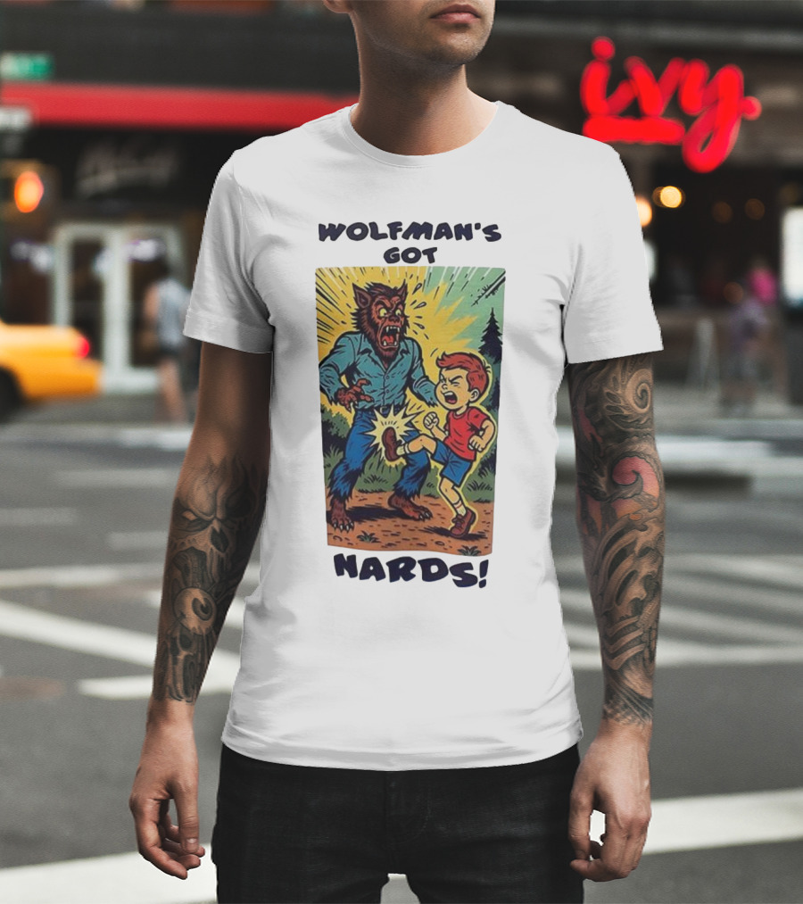 Wolfman’s Got Nards Vintage Comic Style Kid Kicking Wolfman T-Shirt