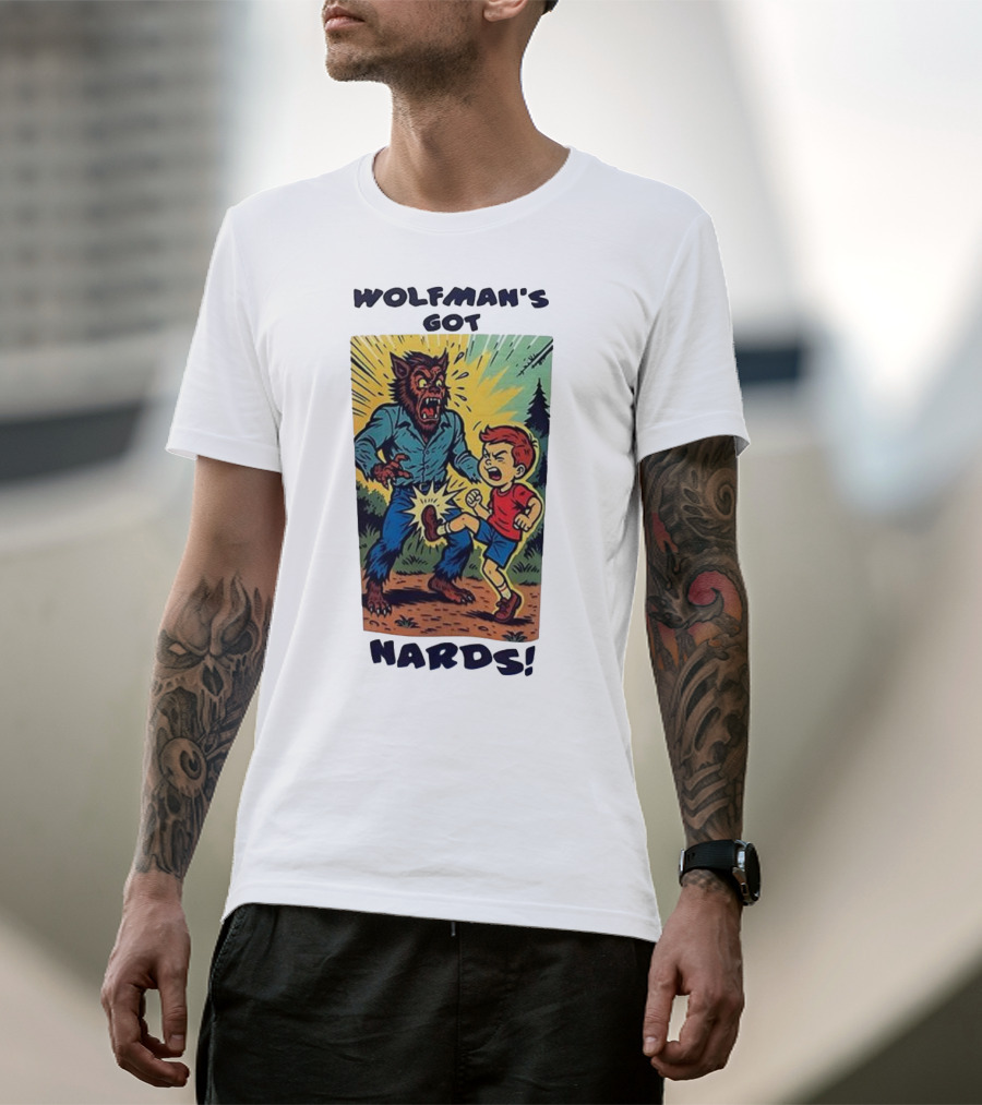 Wolfman’s Got Nards Vintage Comic Style Kid Kicking Wolfman T-Shirt
