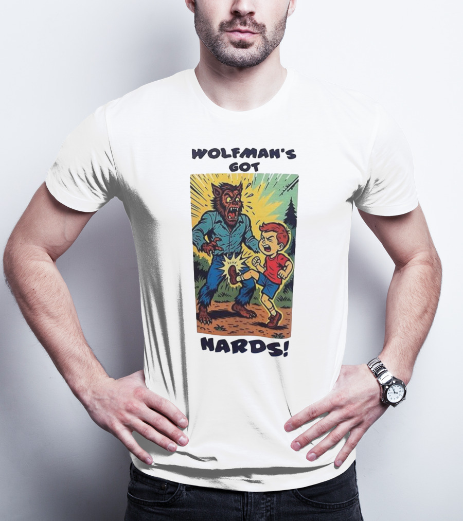 Wolfman’s Got Nards Vintage Comic Style Kid Kicking Wolfman T-Shirt