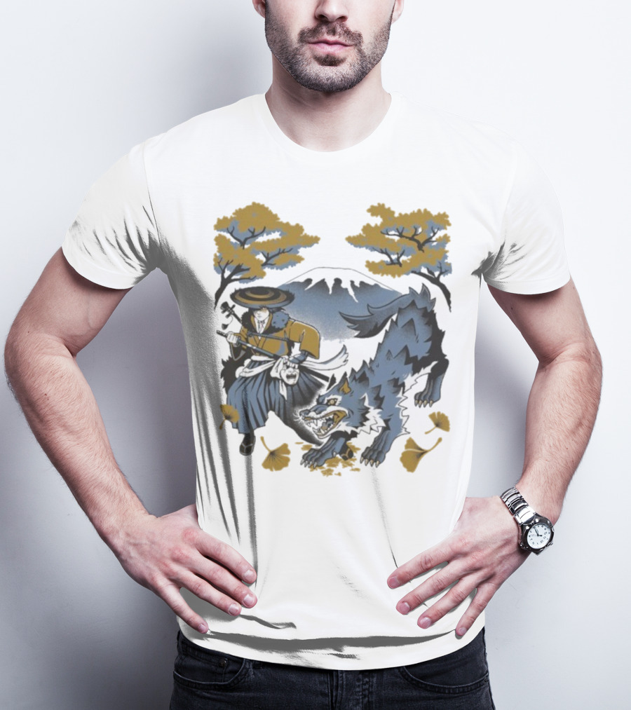 Ghost Of Yotei The Hunters Ukiyo-e Warrior With Wolf Mythical Scene T-Shirt