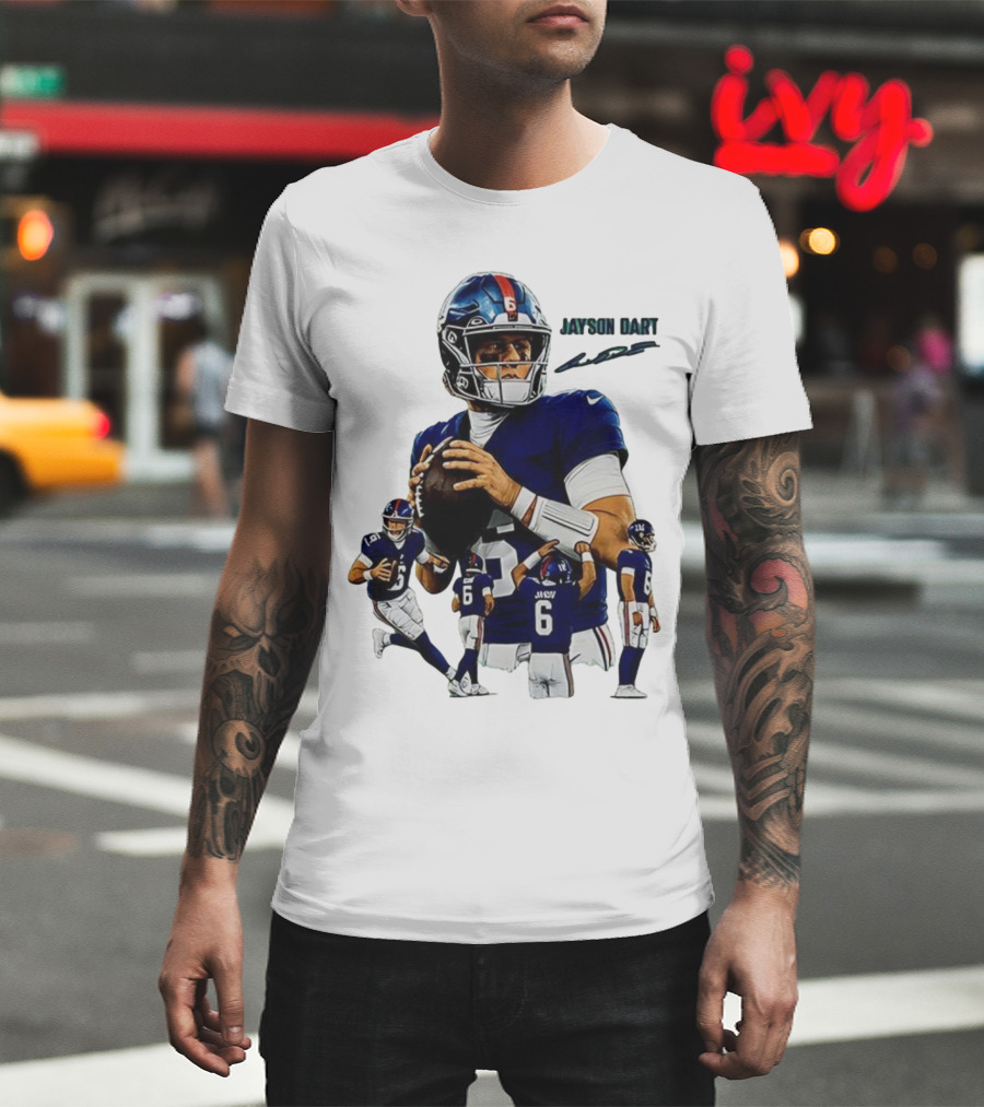 Jaxson Dart New York Giants NFL Football Signature Quarterback Action T-Shirt