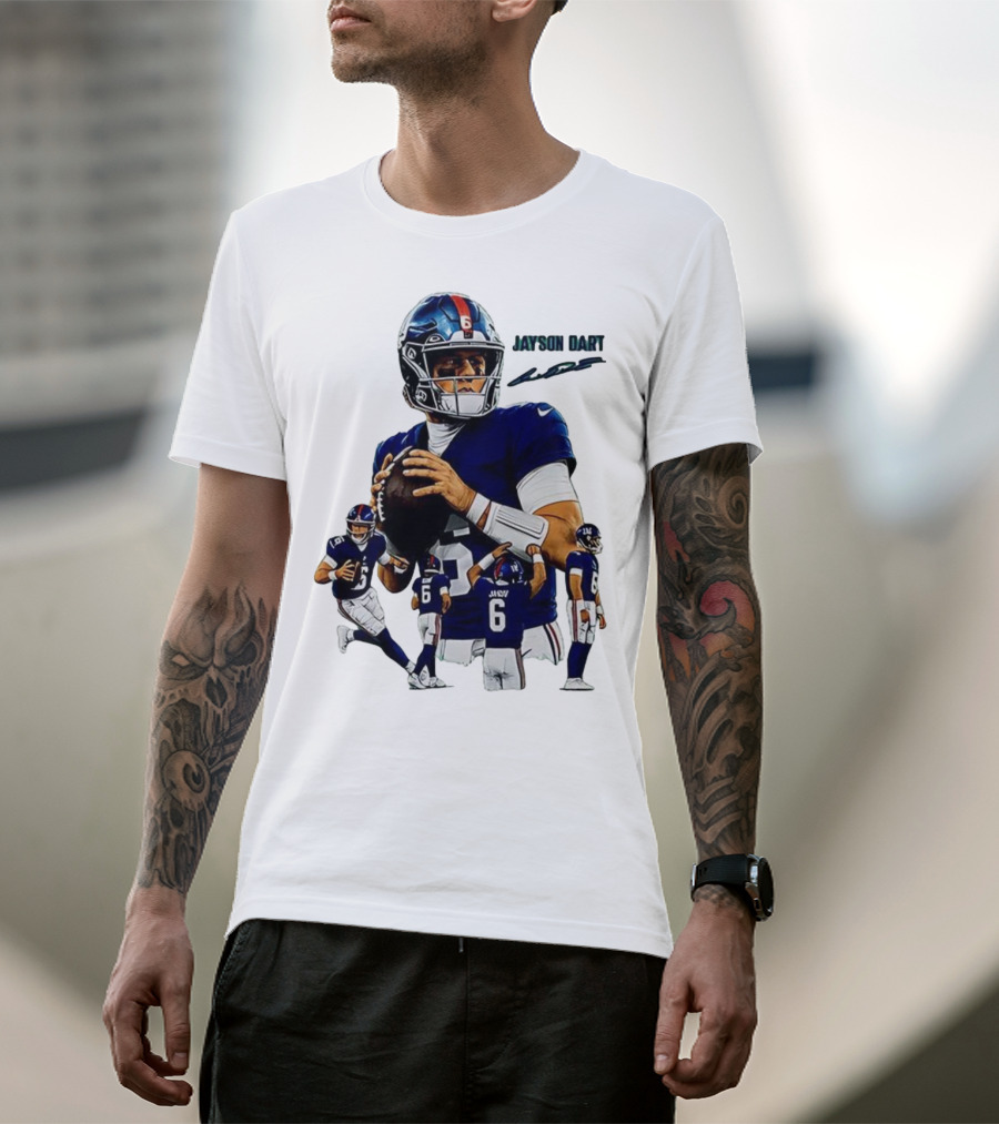 Jaxson Dart New York Giants NFL Football Signature Quarterback Action T-Shirt