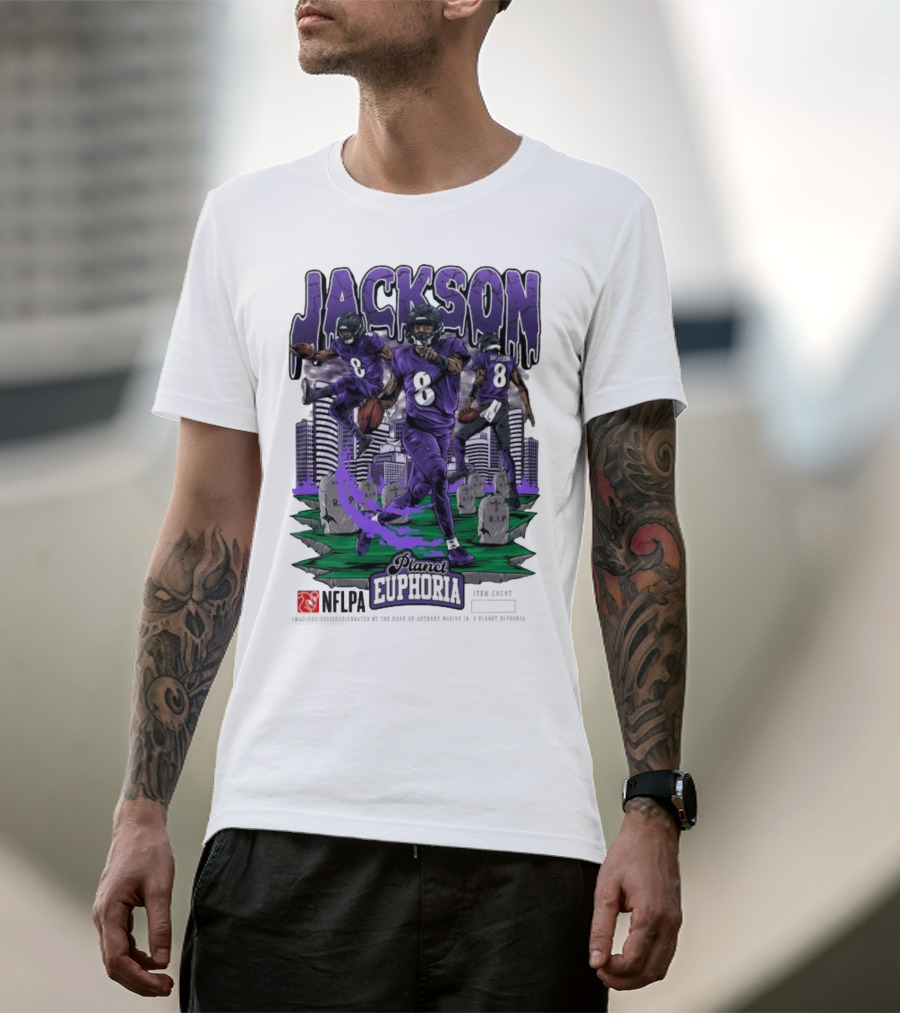 Lamar Jackson NFLPA Planet Euphoria Purple Football Action T-Shirt